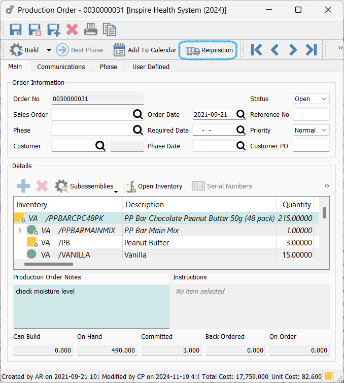 PRODUCTION ORDERS - Requisitions